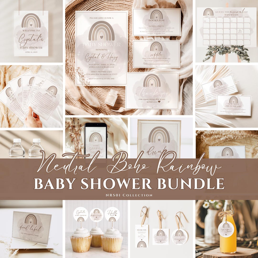 Boho Rainbow Baby Shower Bundle, Editable Gender Neutral Invitation ...