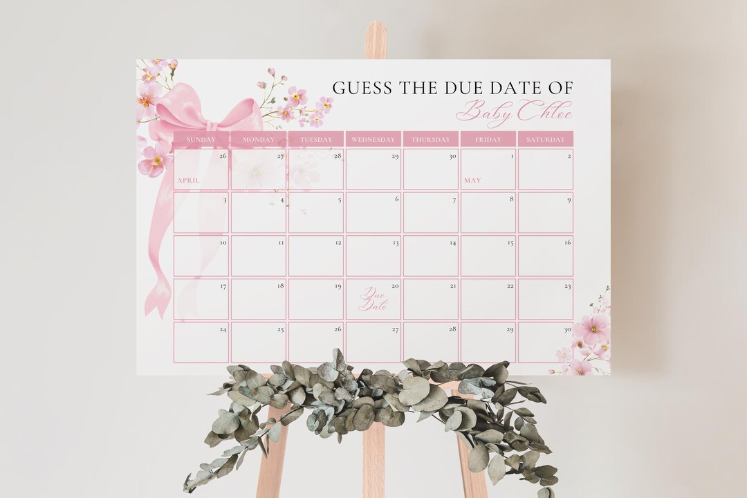 Pink Bow Floral Baby Shower Due Date Calendar Game, Baby in Bloom Guess ...