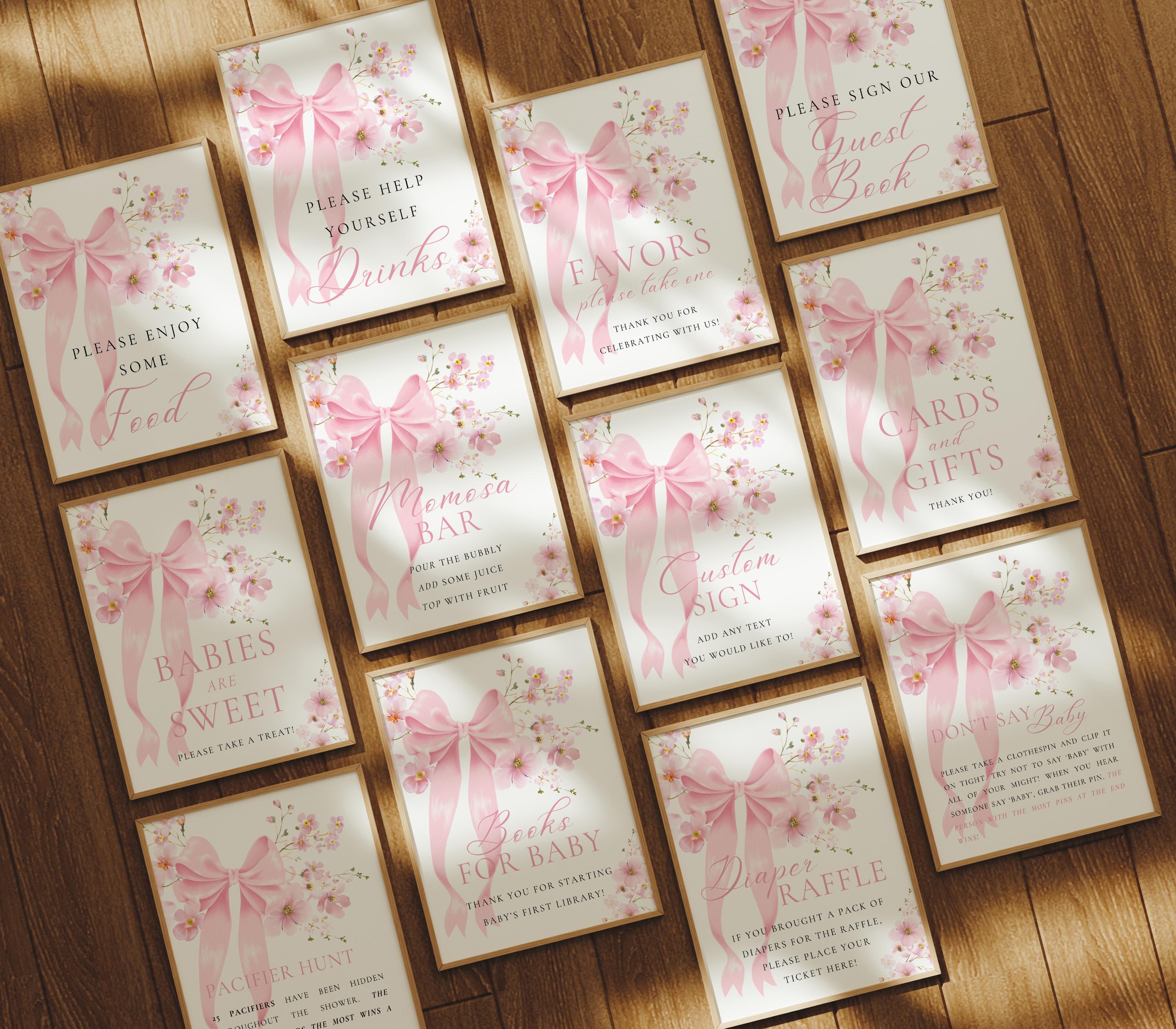 Pink Bow Floral Baby Shower Signs Bundle, Baby in Bloom Table Signs ...