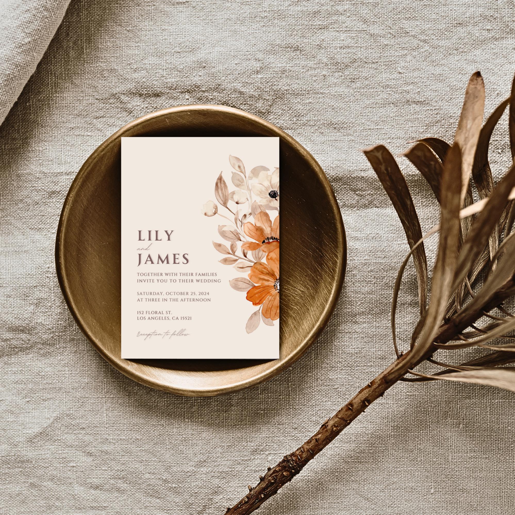 Terracotta Wedding Invitation Template Set, Boho Floral Wedding Invite ...