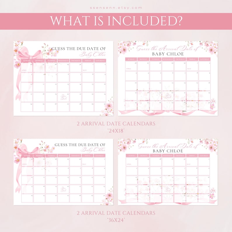 Pink Bow Floral Baby Shower Due Date Calendar Game, Baby in Bloom Guess ...