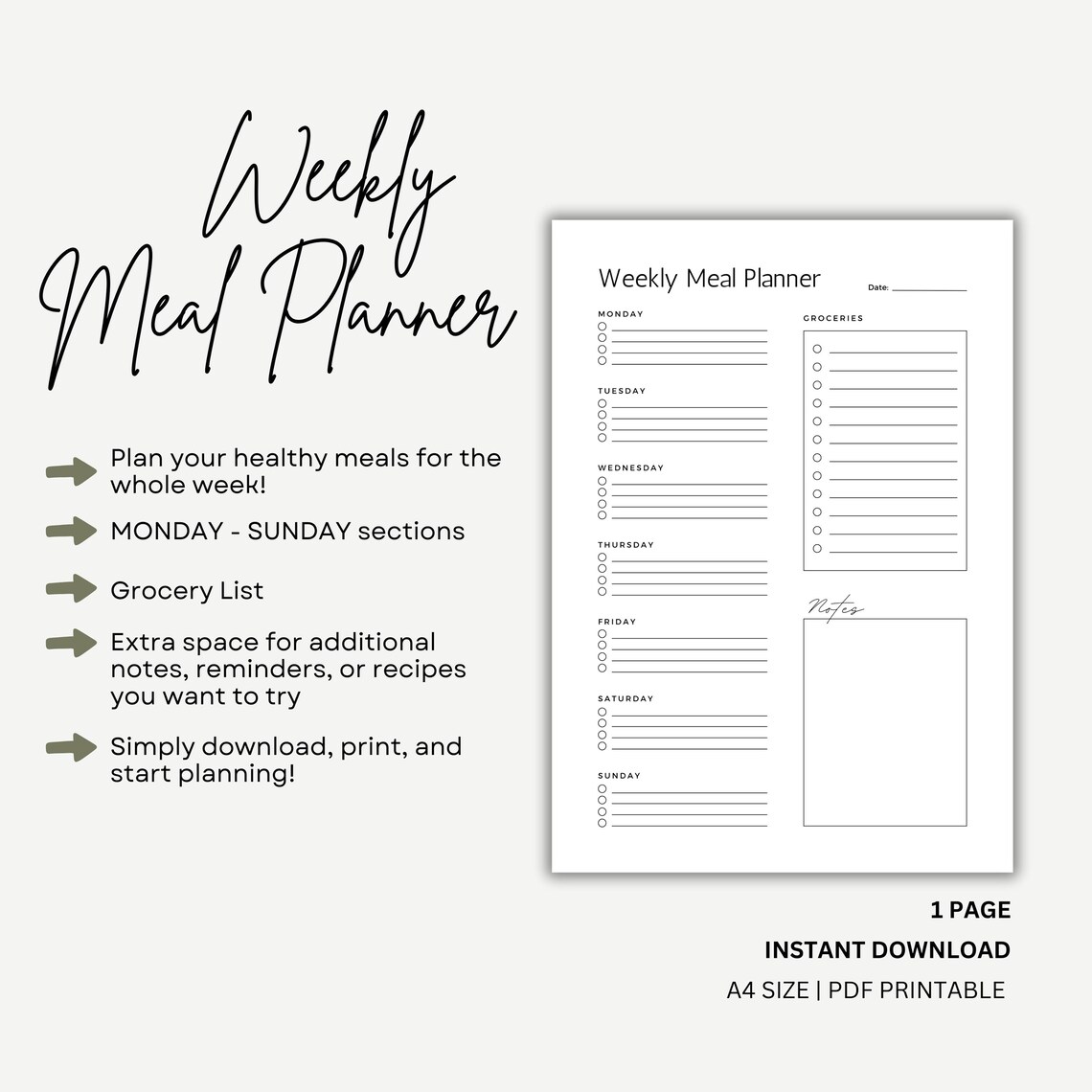 Weekly Meal Planner With Grocery List and Notes, Printable Weekly Meal ...