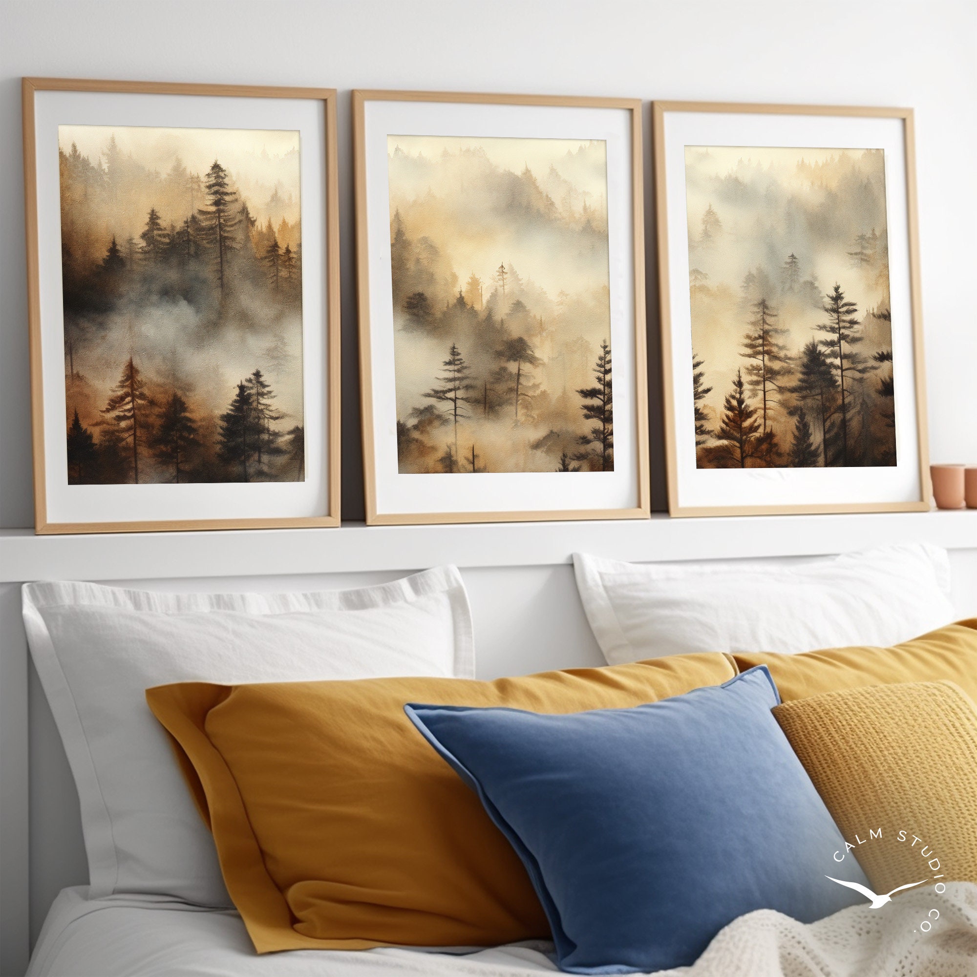 Autumn Misty Forest, Naturalism Wall Art Set of 3, Foggy Morning Wall ...