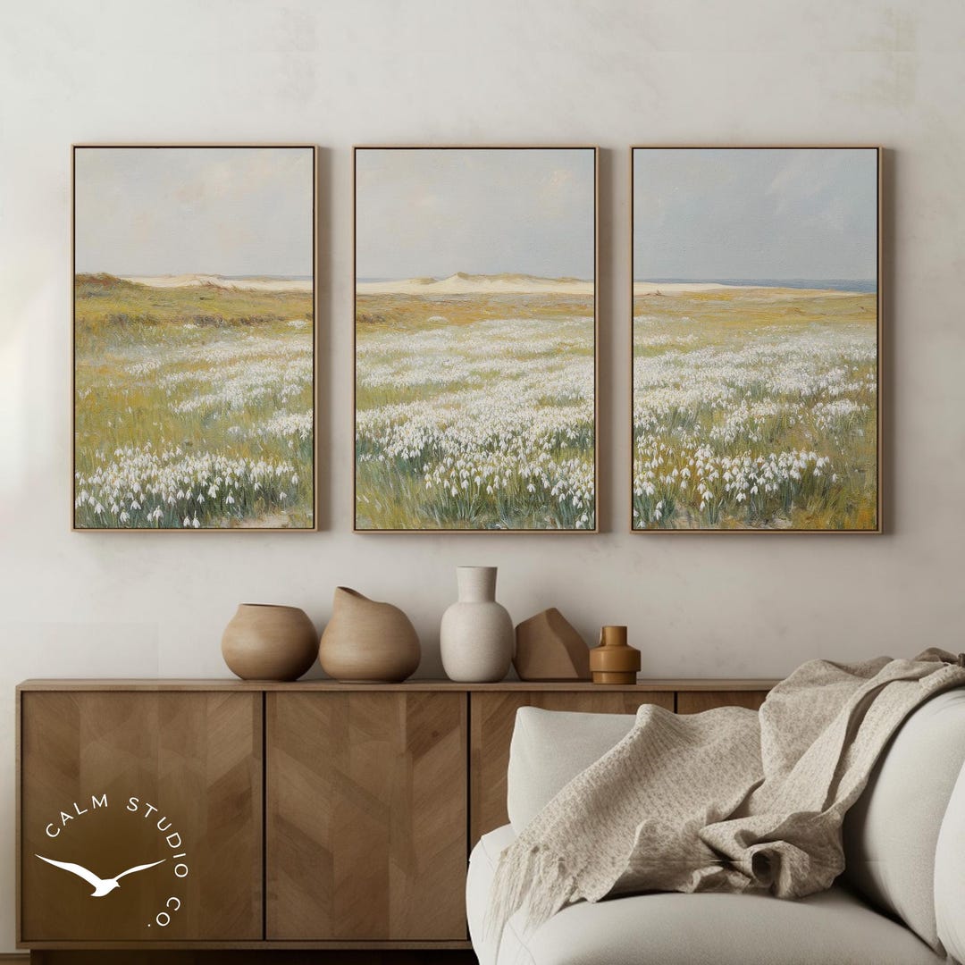 Artful Spring Wildflower Field Set of 3 Prints, Muted Landscape ...