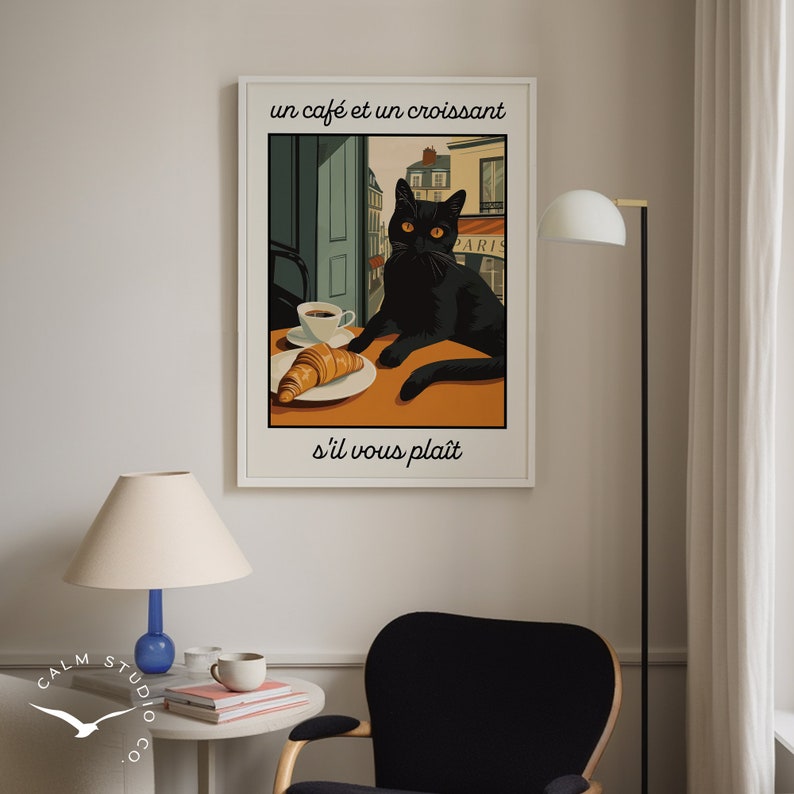Black Cat Coffee Lover Wall Art, French Croissant Artful Retro Poster ...