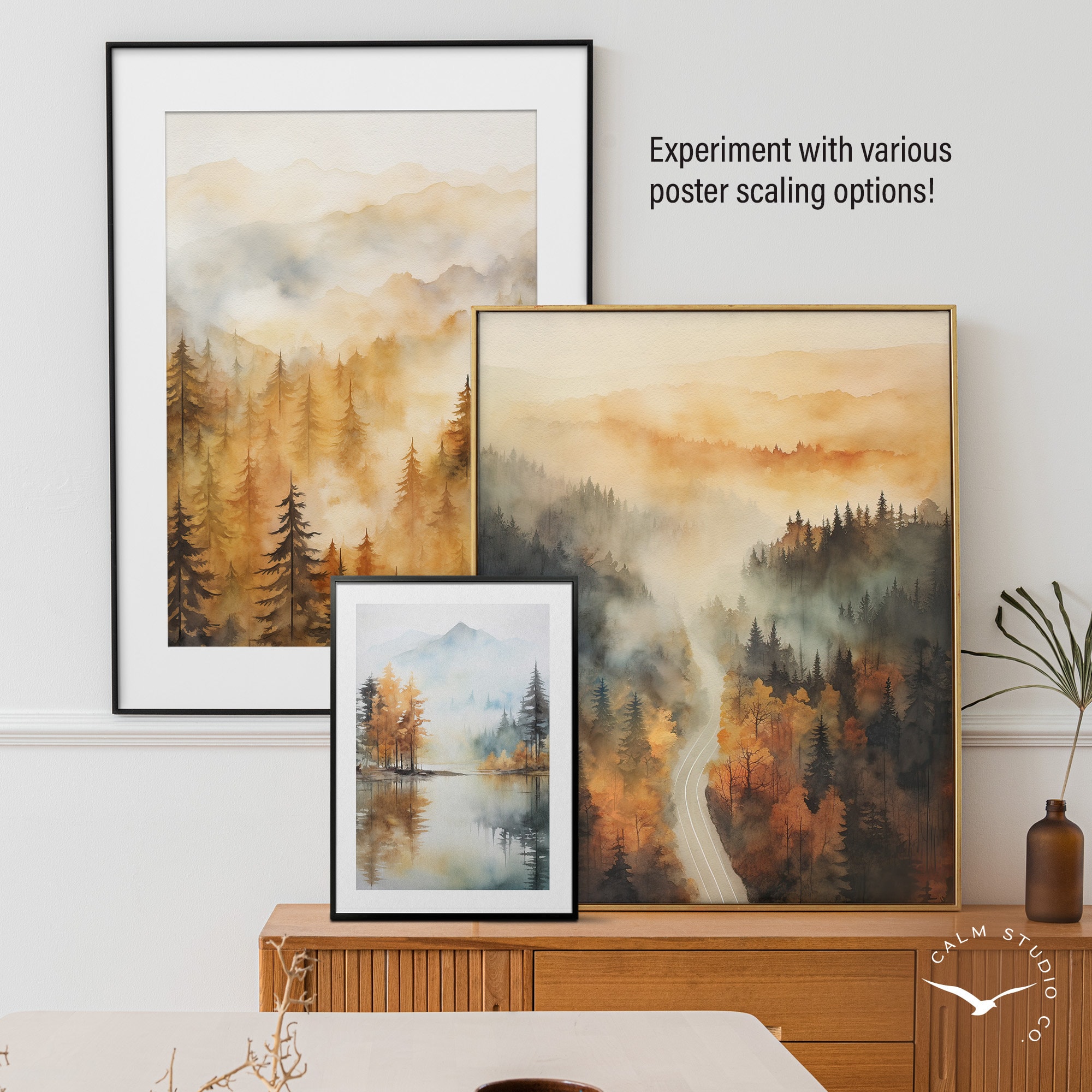 Mountain Lake Split Wall Print Set of 3, Watercolor Mountains Nature ...