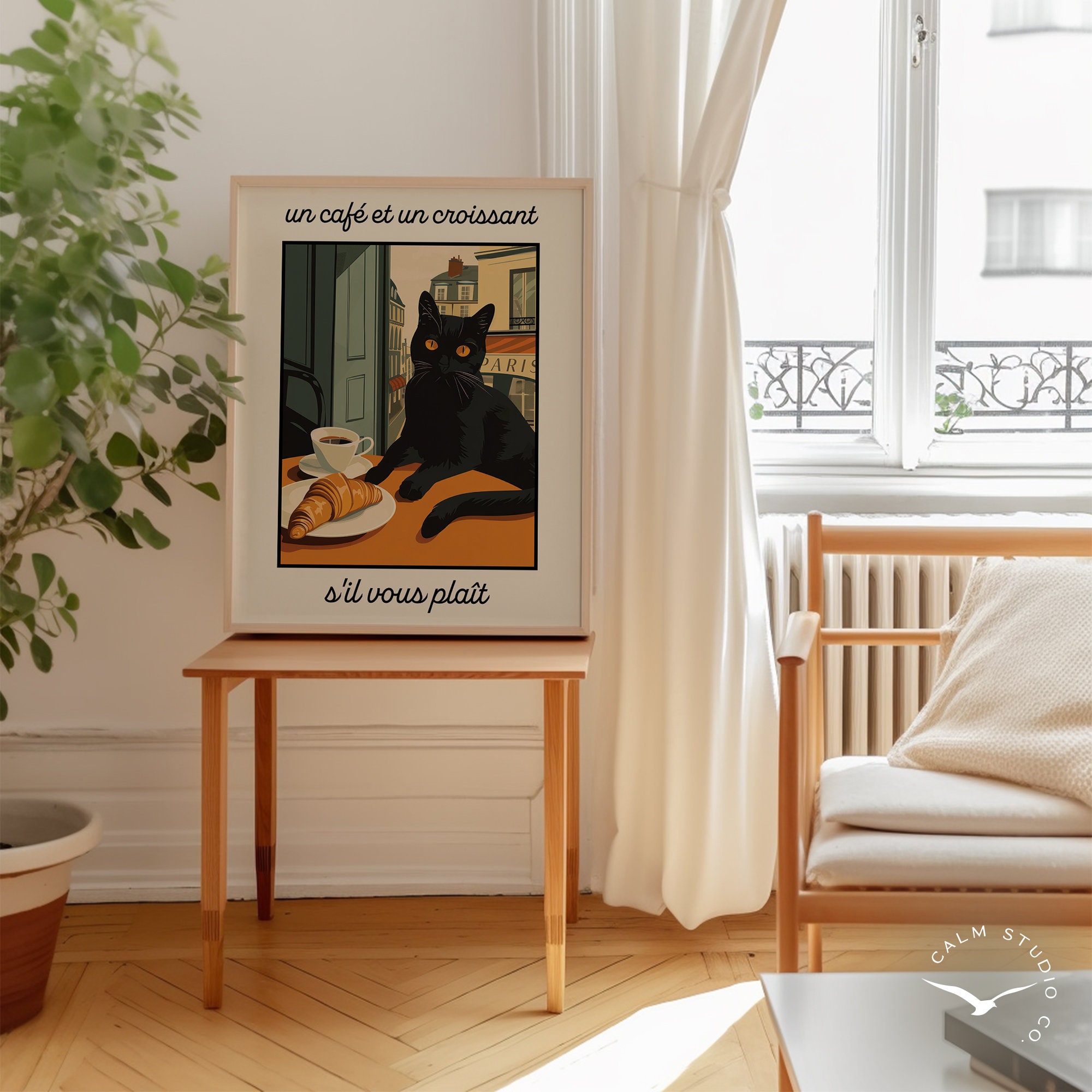 Black Cat Coffee Lover Wall Art, French Croissant Artful Retro Poster ...