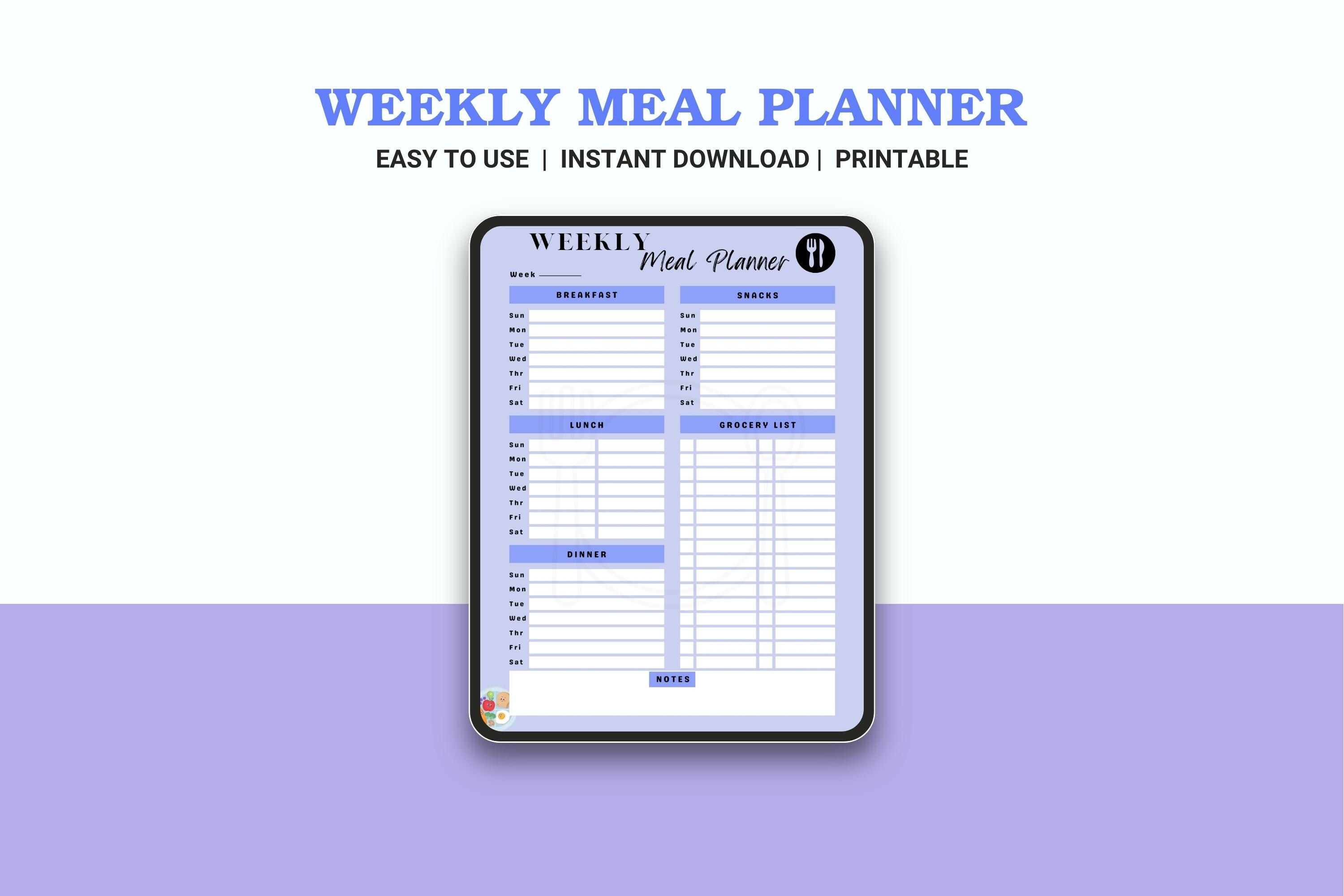 Weekly Meal Planner Printable PDF | 7-day Menu Organizer With Grocery ...