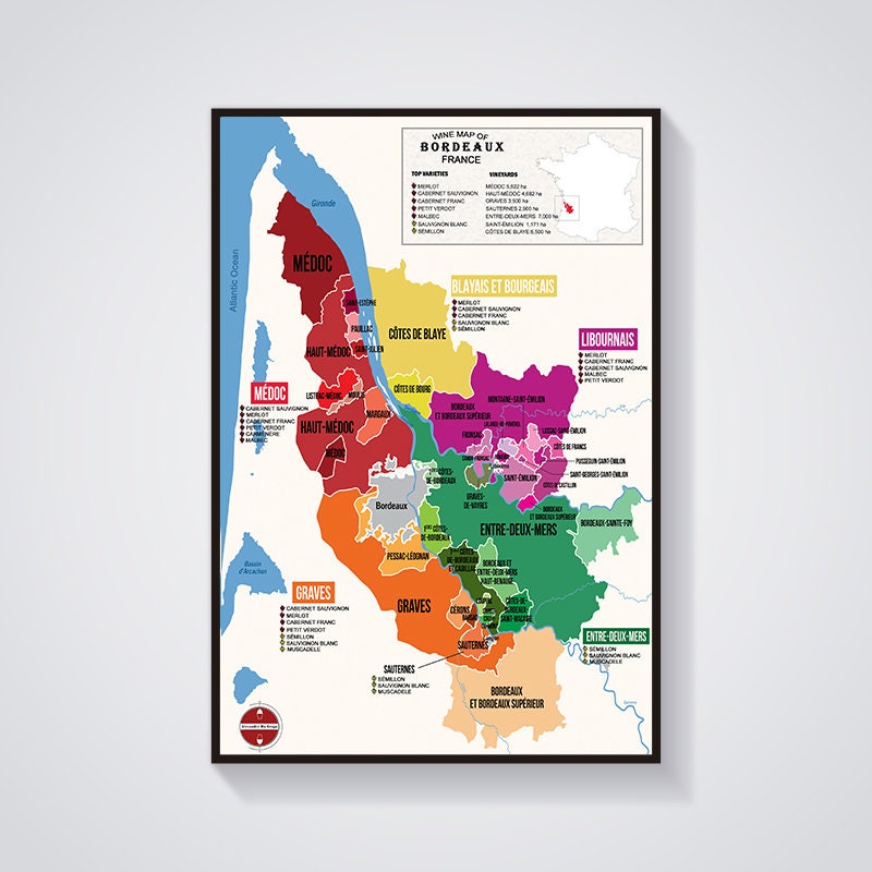 Bordeaux Wine Map Poster AOC Wines Grape Varieties - Etsy