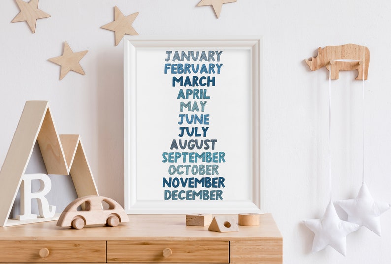 Cartel educativo de los meses azules para la decoración del aula de la ...