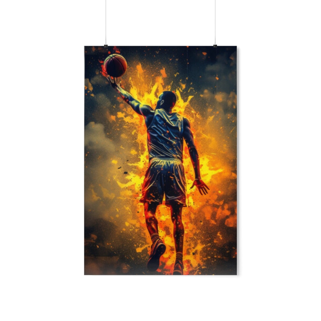 Flaming Basketball Player Fire Poster Boys Girls Room Decor Premium ...