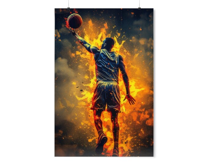 Flaming Basketball Player Fire Poster Boys Girls Room Decor Premium ...
