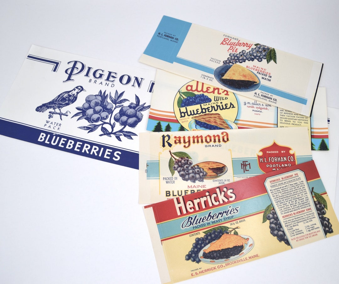 Set of 5 - Vintage Blueberry Labels - NOS - Vintage Ephemera - Maine ...