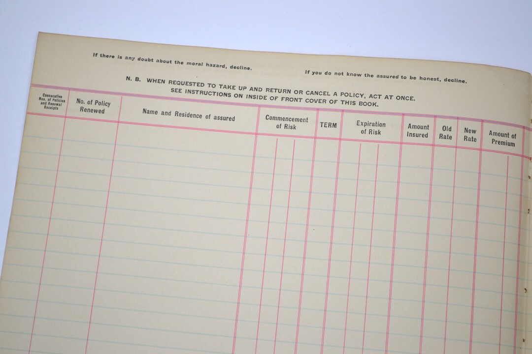 Blank Vintage Insurance Ledger Paper - Single Folio or Set of 2 Folios ...