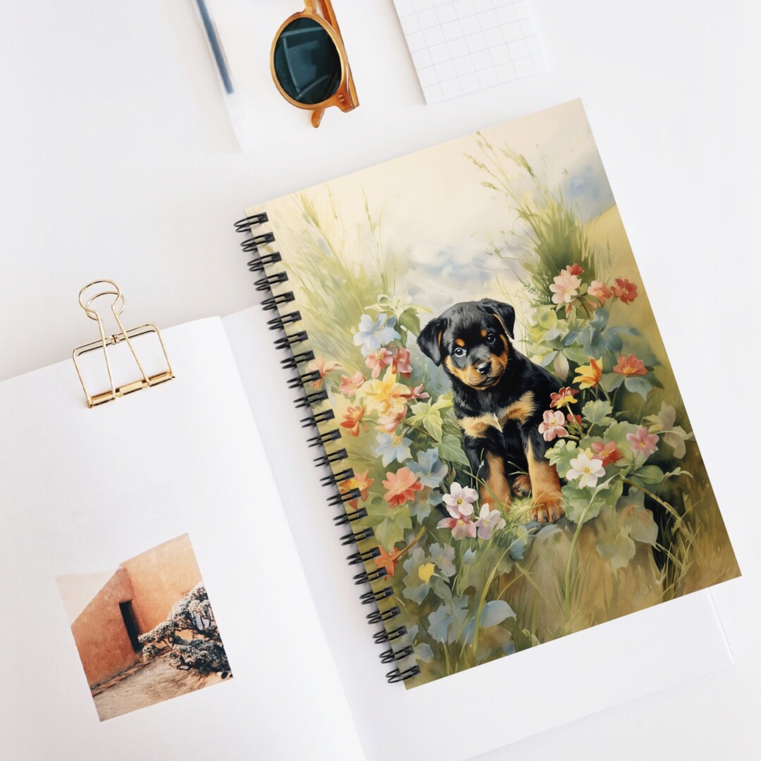 Floral Rottweiler Puppy Spiral Notebook, Journal, Lined Notebook, Cute ...
