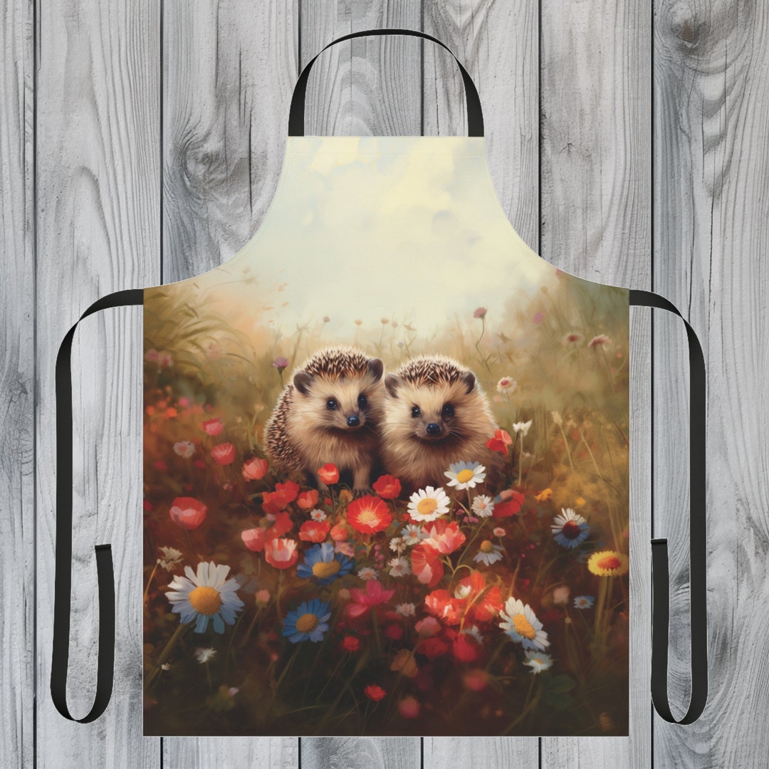 Whimsical Floral Hedgehog Art Kitchen Apron, Apron Gift, Crafting Apron ...