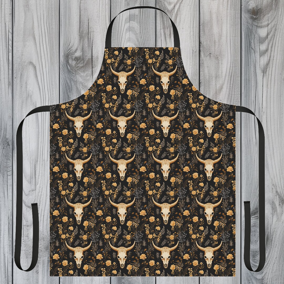 Floral Texas Longhorn Skull Pattern Kitchen Apron, Culinary Kitchen ...