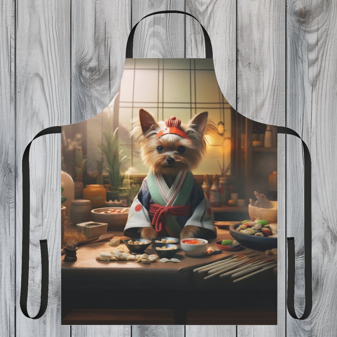 Cute Japanese Sushi Yorkie Chef Kitchen Apron, Funny Culinary Apron ...