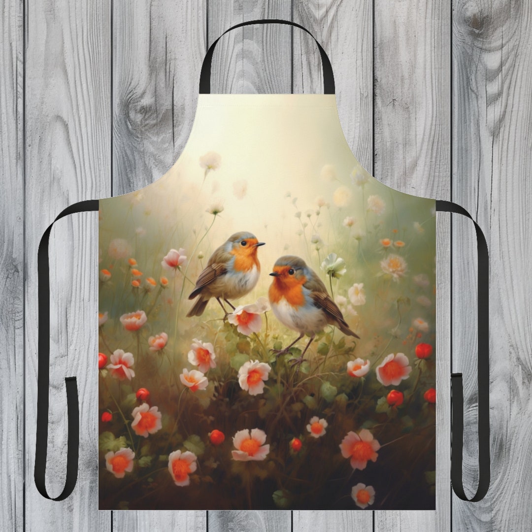 Whimsical Floral Robin Art Apron, Apron Gift, Kitchen Apron, Gift for ...