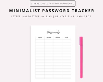 Password Tracker Printable & Fillable, Password Keeper, Password ...