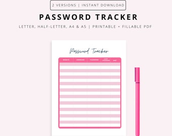 Password Tracker Printable & Fillable, Password Keeper, Password ...