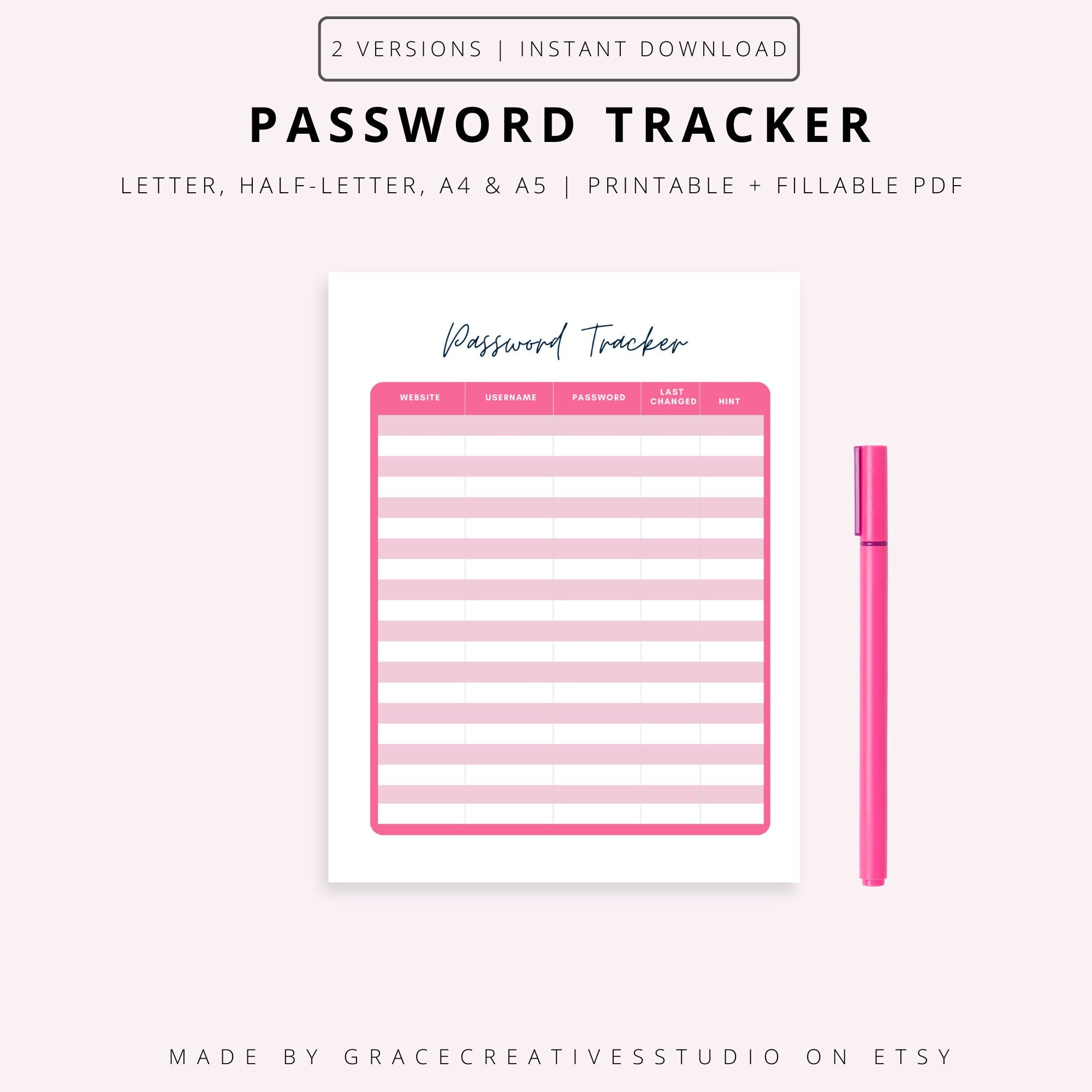 Password Tracker Printable & Fillable, Password Keeper, Password ...