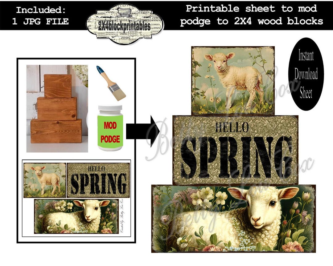 Lamb Blocks , Spring Sign , Printable Decoupage Sheet , Mod Podge , DIY ...