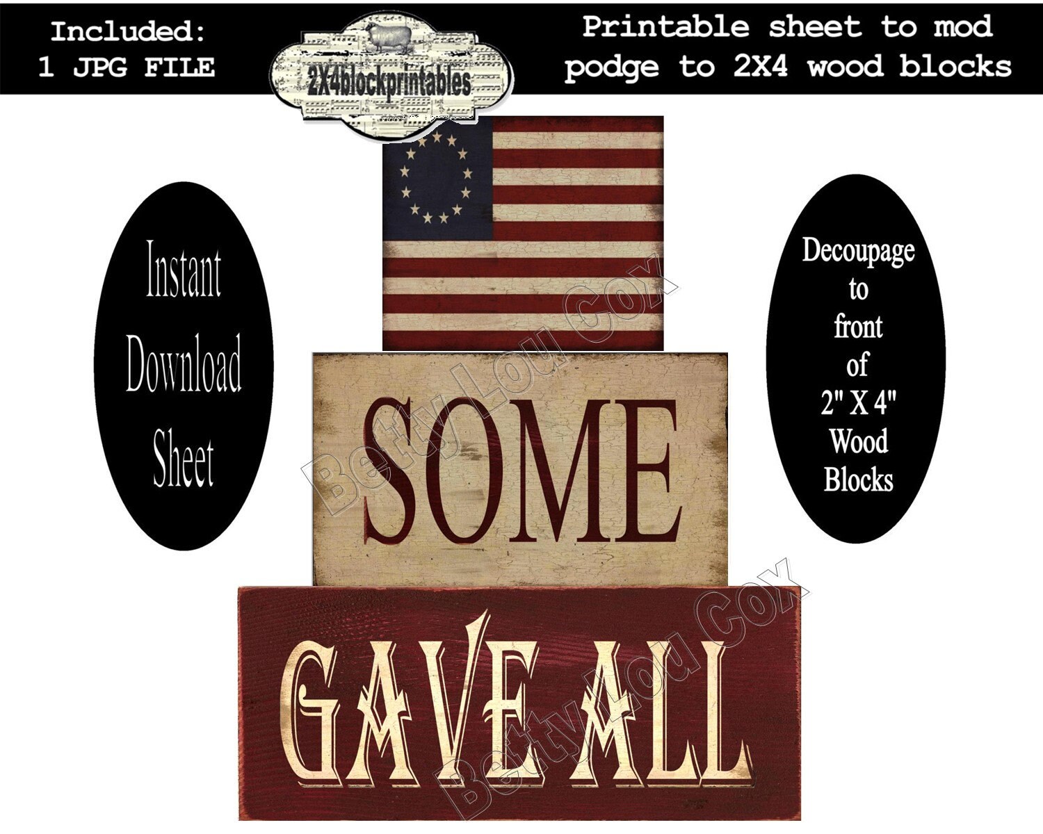 American Printable Sheet for 2X4 Wood Blocks , Red White and Blue , Some Gave All , Flag , Mod ...