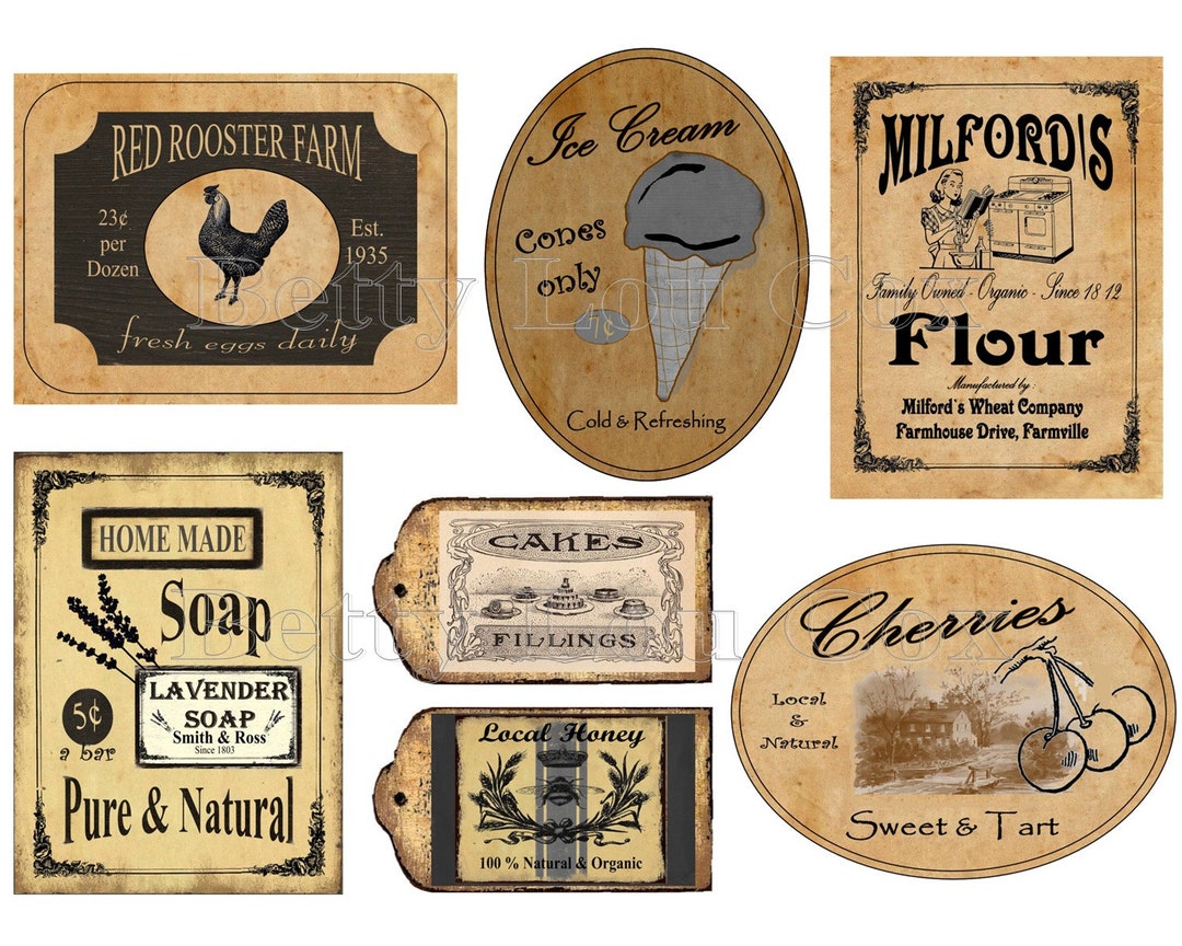 Primitive Food Labels for Pantry Jars Cans Crocks Bottles Tins Boxes ...