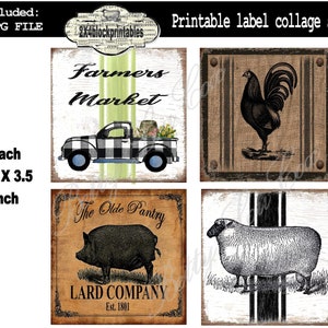 No.031 Labels Printable , Primitive Download , Sheep Rooster Pig for ...