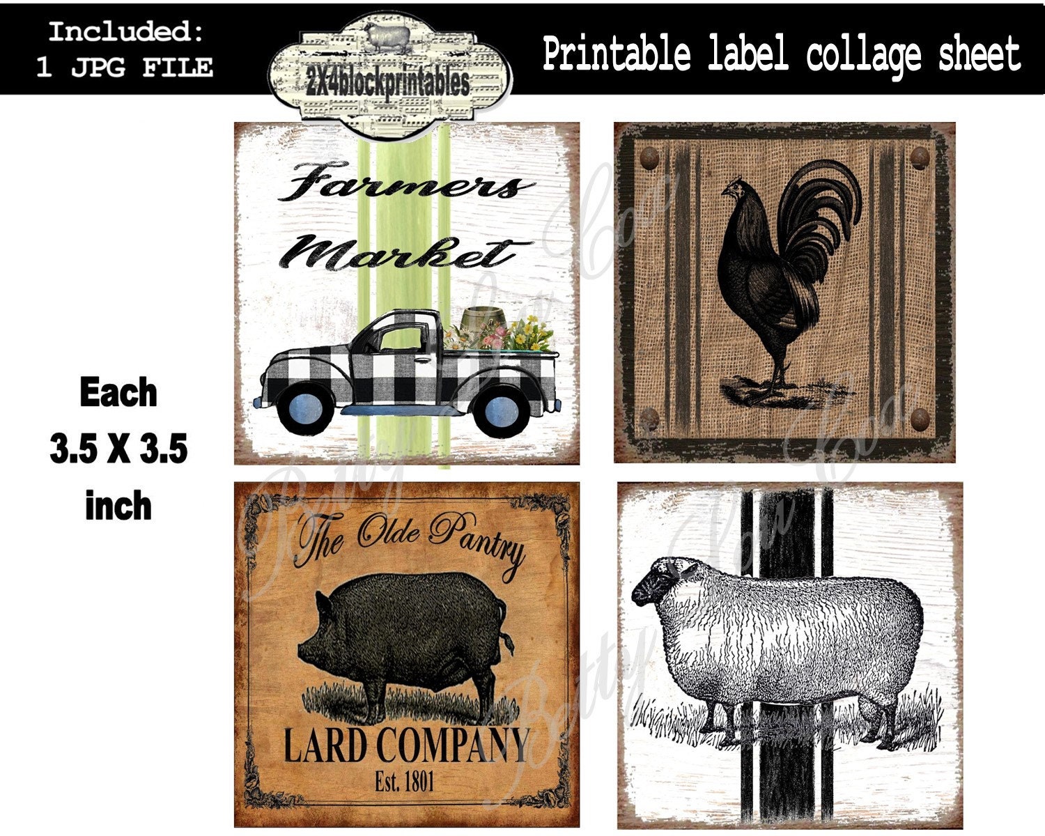 No.031 Labels Printable , Primitive Download , Sheep Rooster Pig for ...