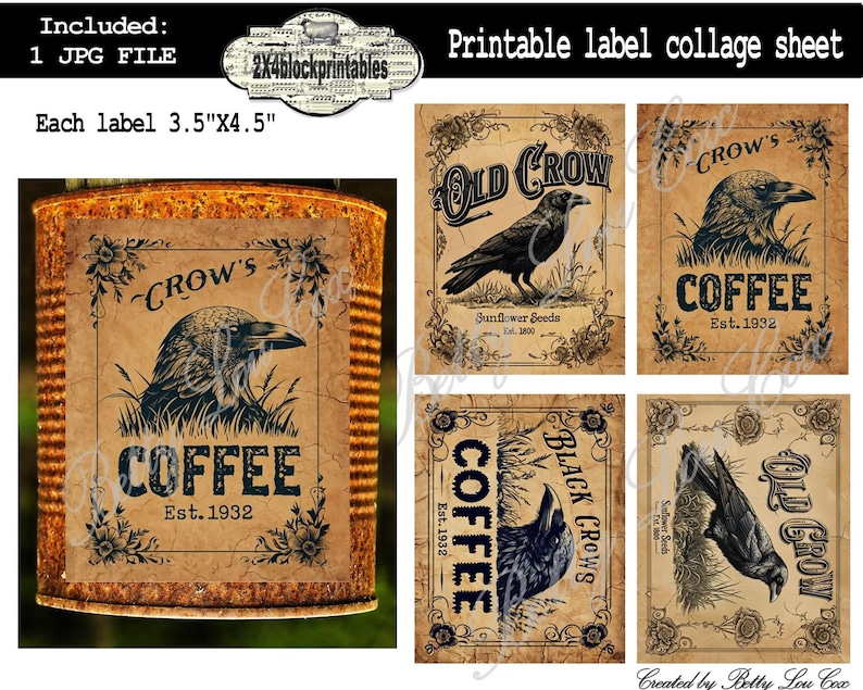 No.052 Vintage Crow Label, Rustic Pantry Decor (digital Download) - Etsy