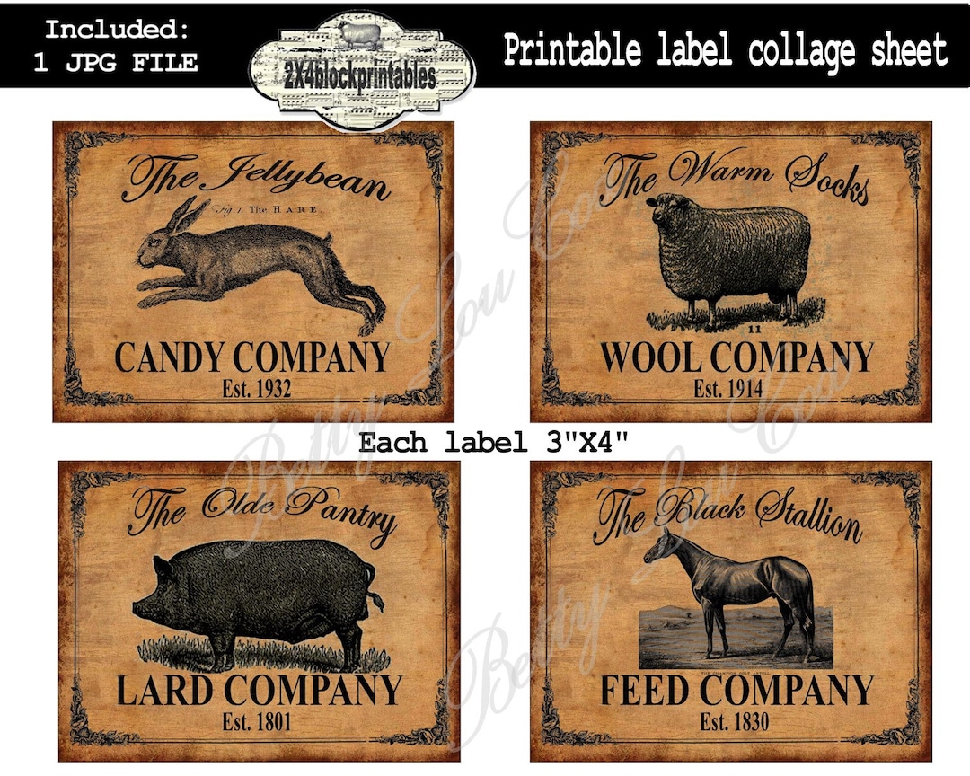 Labels Printable , Primitive Download , Horse Sheep Bunny Pig for ...