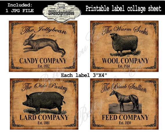 Printable Primitive Labels Digital Country Store Labels, Primitive