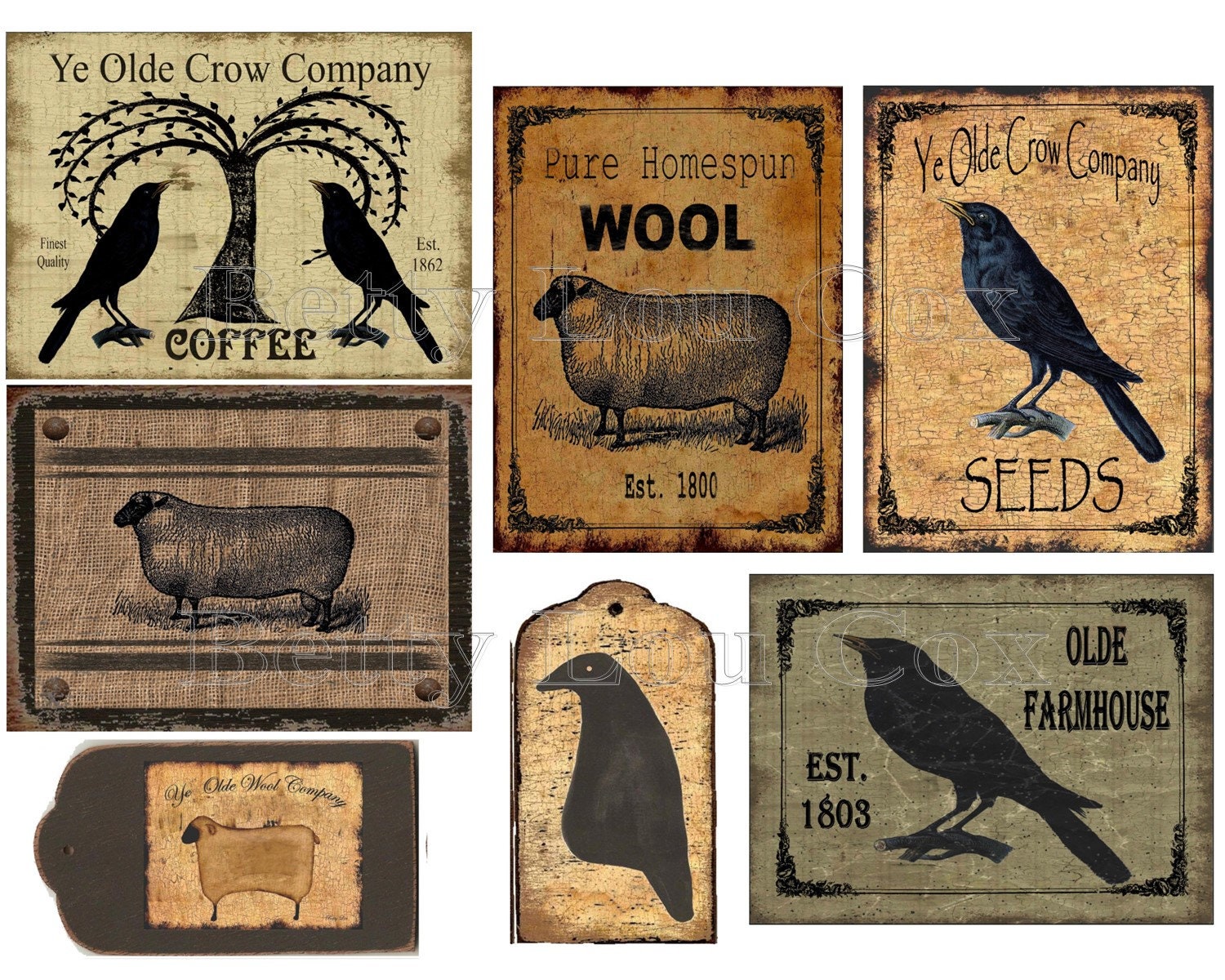 Primitive Labels , Sheep , Crow for Pantry Jars Cans Crocks Bottles ...