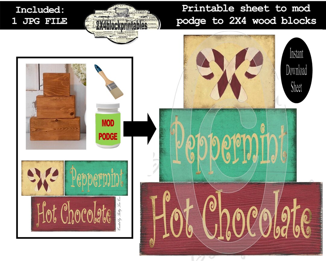 Peppermint Hot Chocolate and Candy Cane 2X4 Blocks , Printable Paper ...