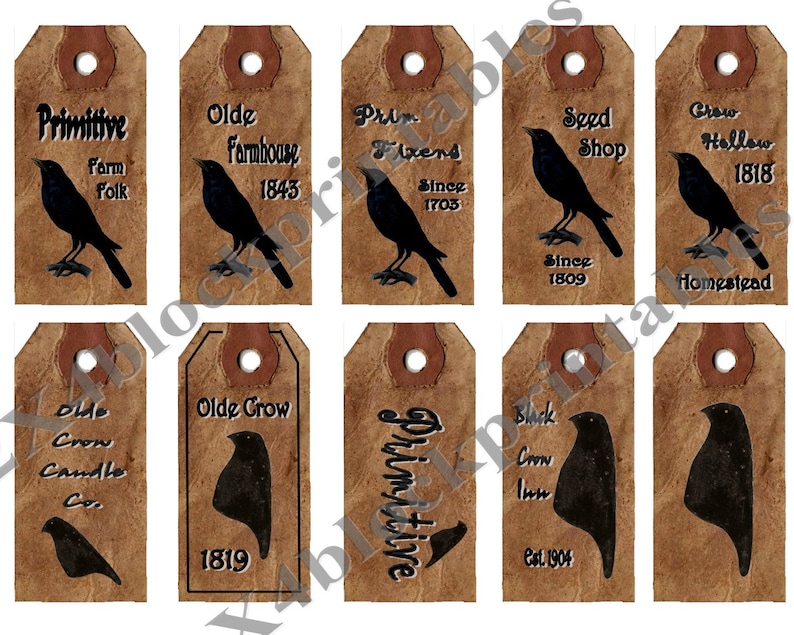 Crow Tags , Primitive , Instant Download , Country , Digital , Folk Art ...