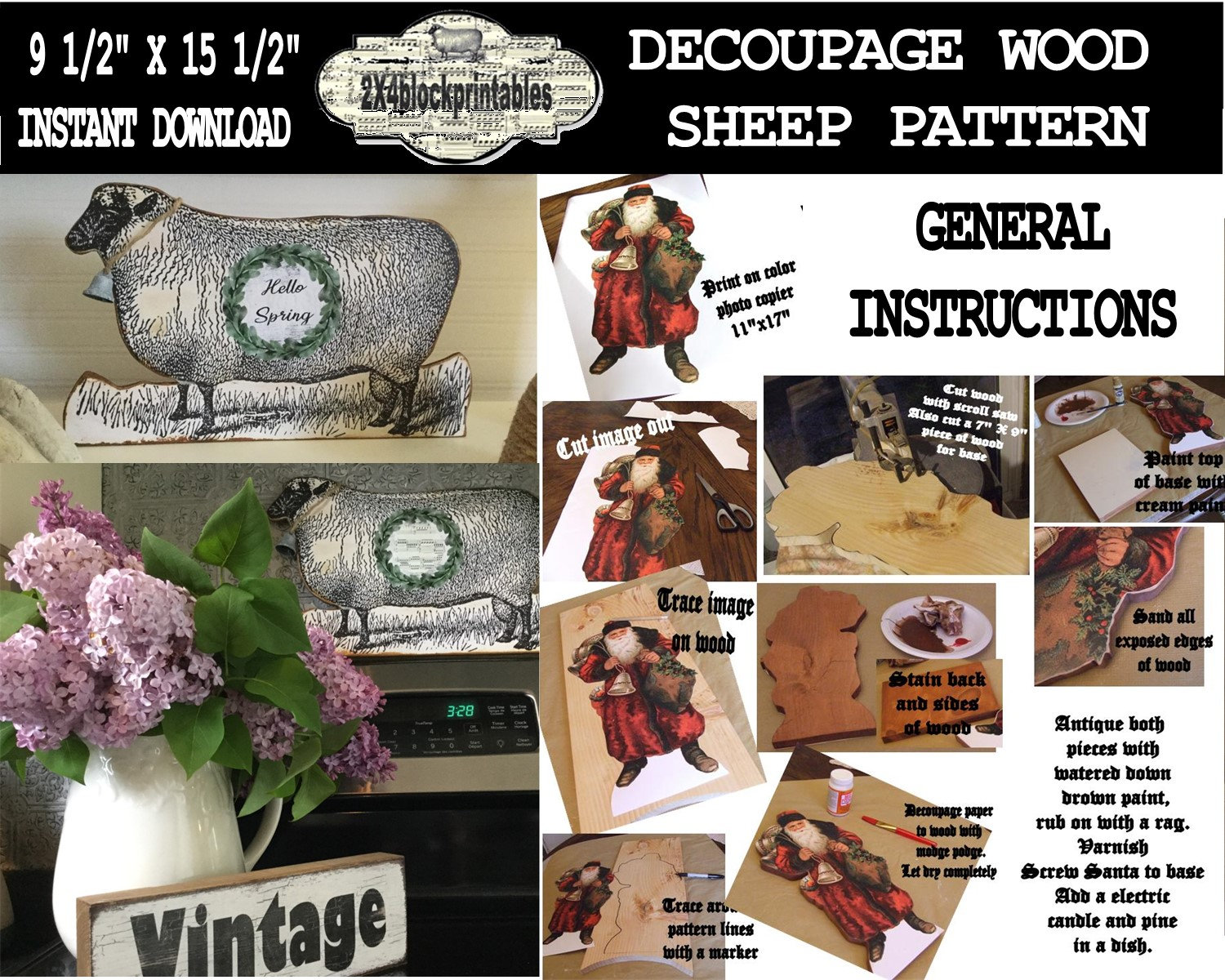 Sheep Decoupage Wood Pattern DIY Vintage , Mod Podge , Printable ...