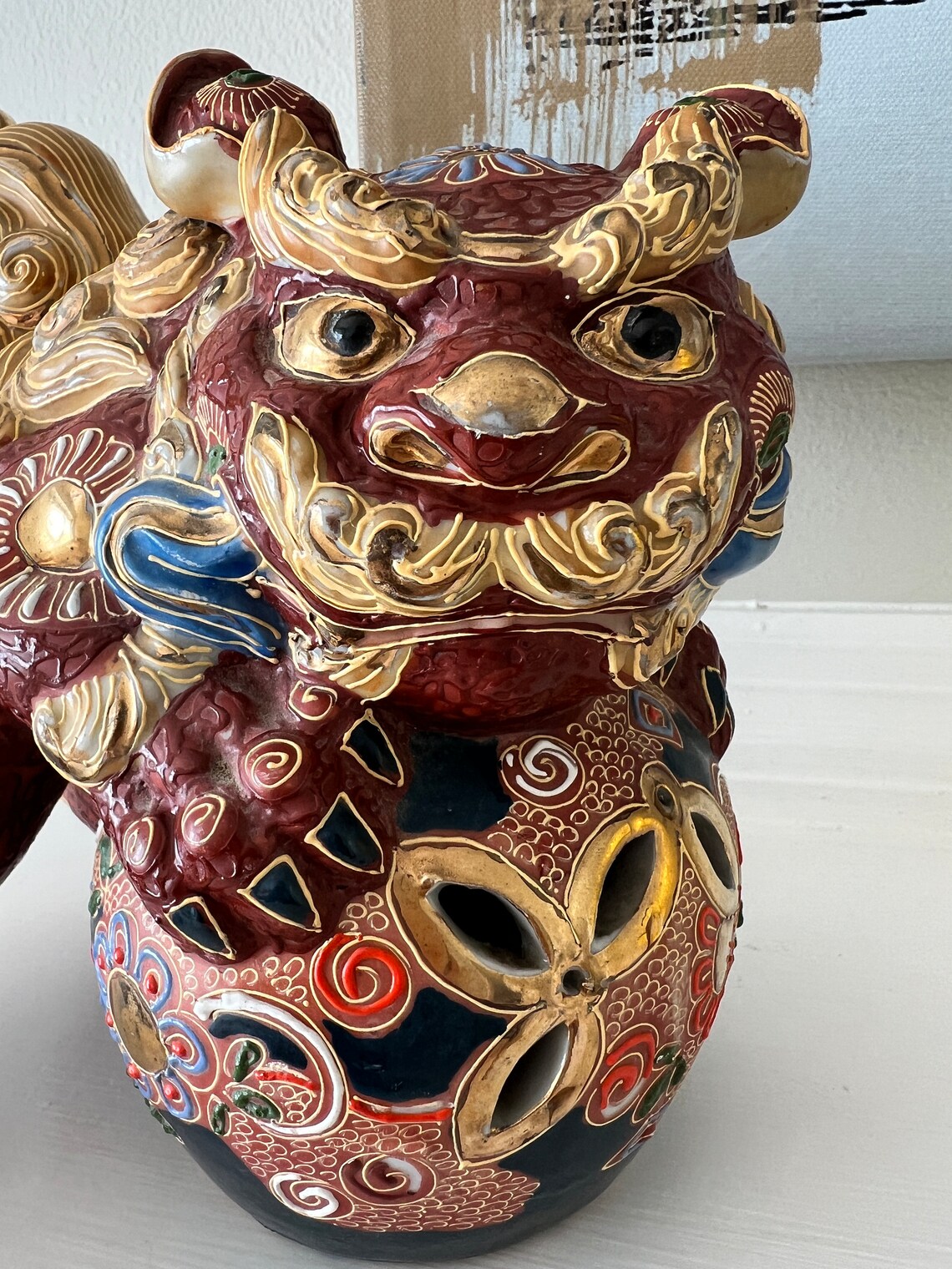 Big Okimono Kutani Glazed Ceramickomaini Shishi Japanese Foo Dog Mid ...