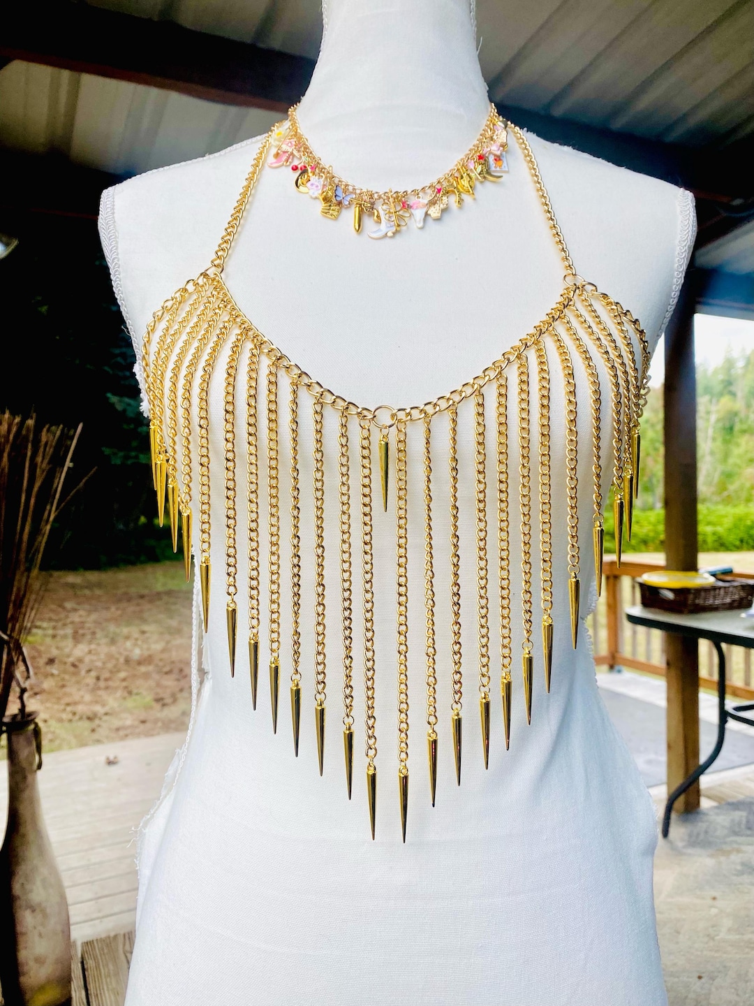 Spike Gold Bikini Chain Bra Top Spike Tassel Body Chain Top Concert ...