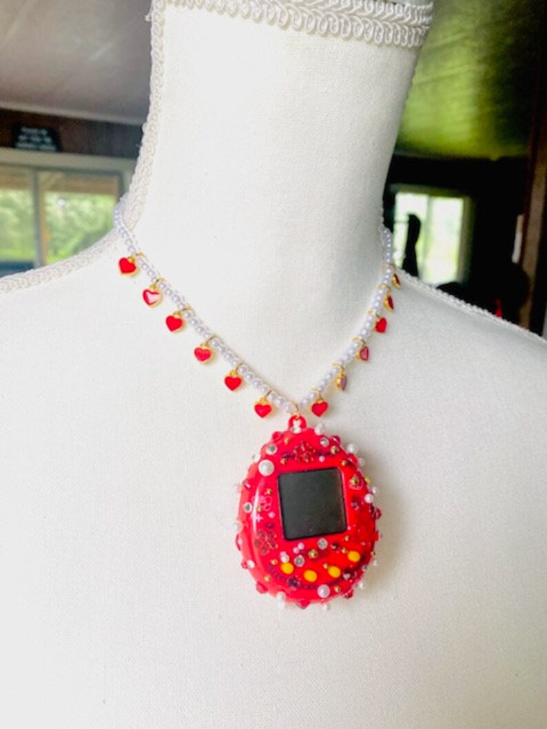 Red Pearl Gold Heart Y2K Tamagotchi Necklace Rave Accessories Rave ...