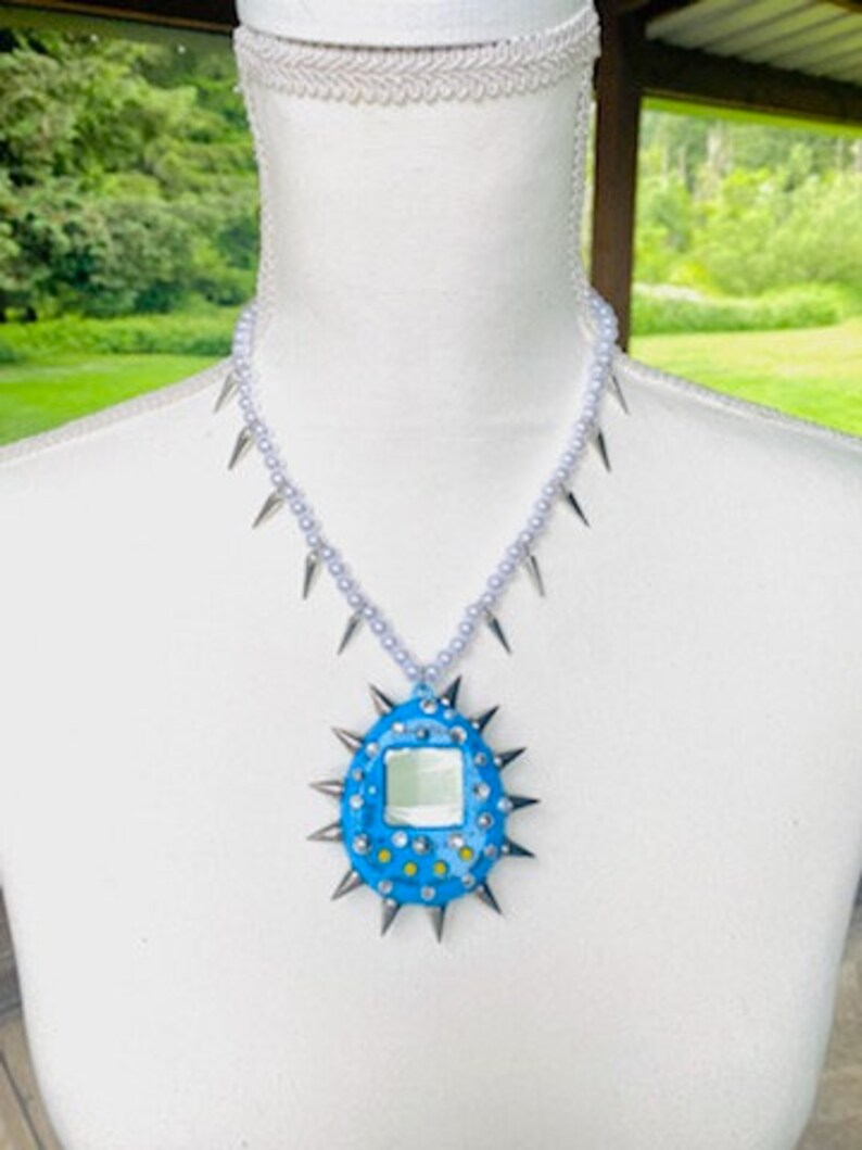 Blue Y2K Spike Pearl Tamagotchi Necklace Rave Accessories Blue Rave ...