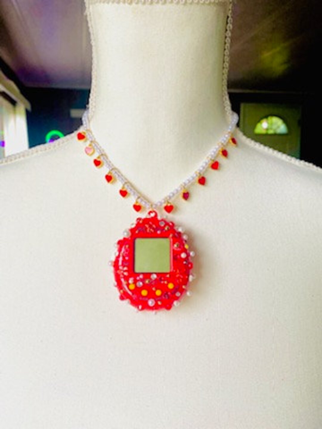 Red Pearl Gold Heart Y2K Tamagotchi Necklace Rave Accessories Rave ...