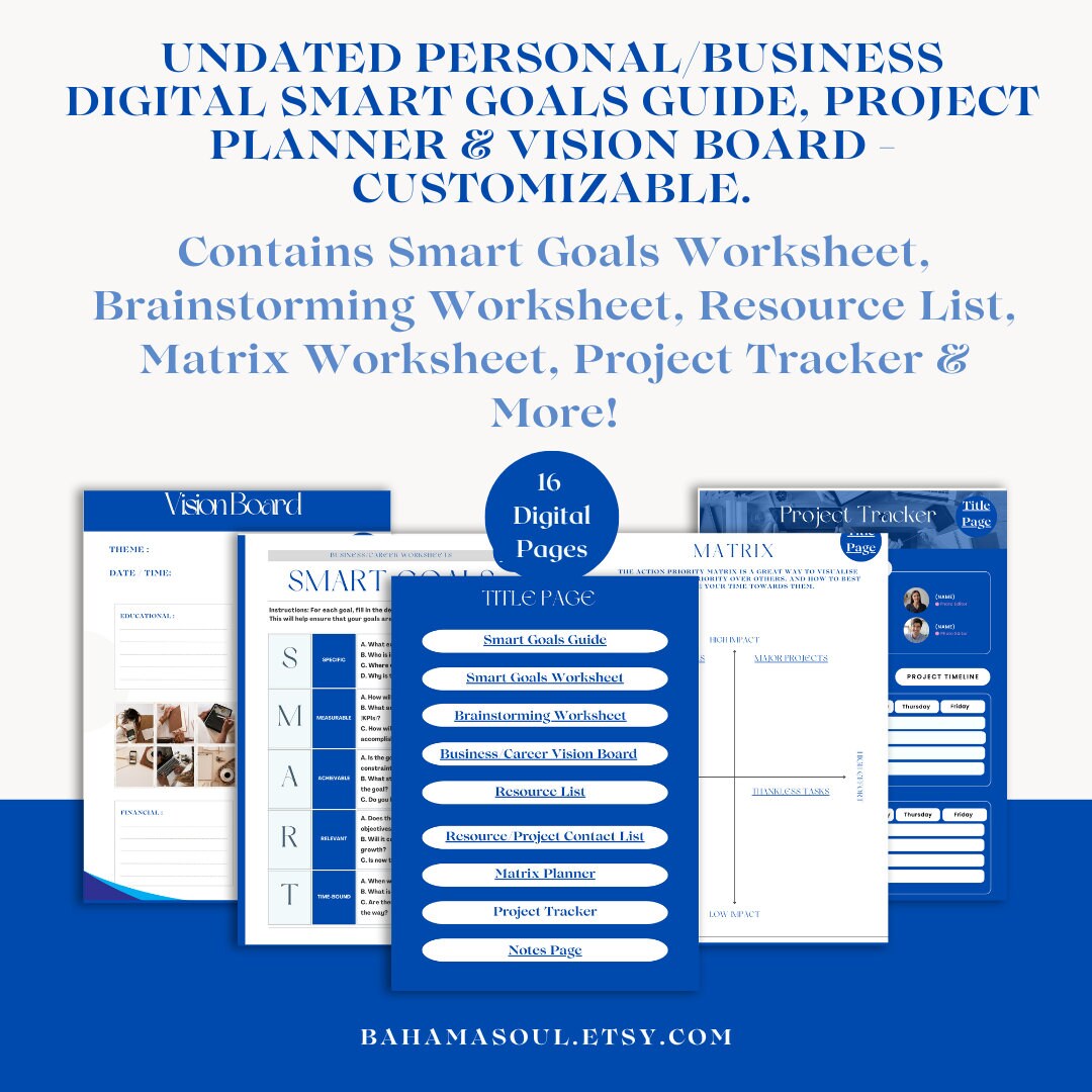 Undated Customizable Digital SMART Goals, Vision Board, Project Planner ...