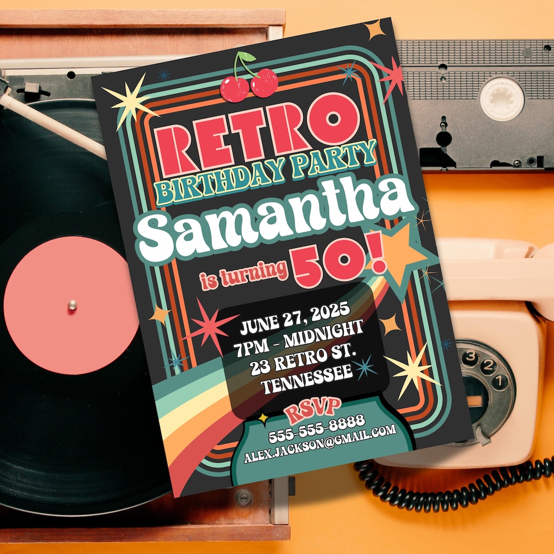 Retro Birthday Party Invitation Template: Customizable Colorful Design ...