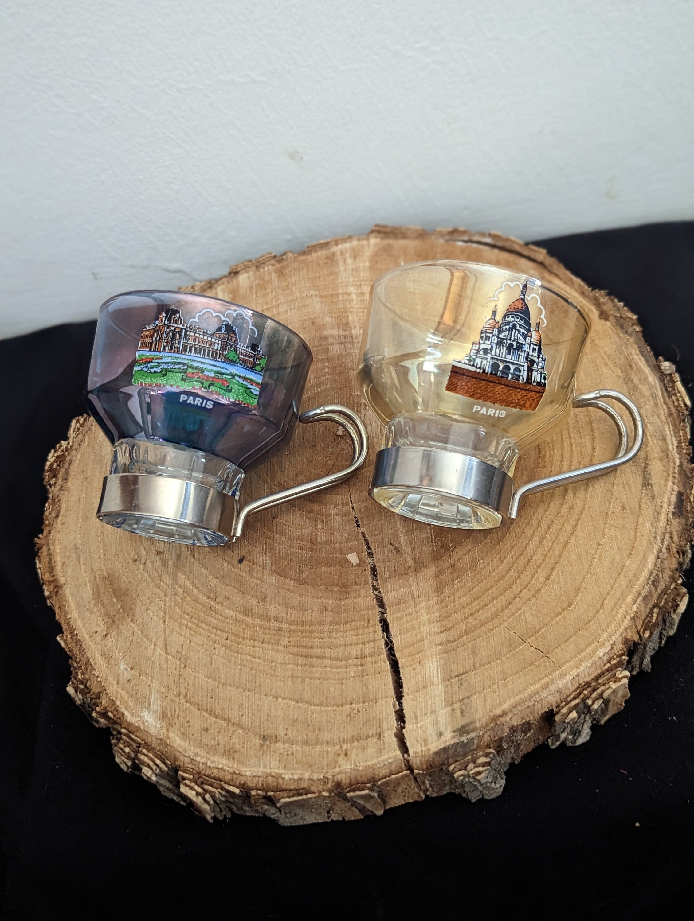 Vintage Stained Glass Tea Latte Coffee Cups Paris Icons Metal Handled ...