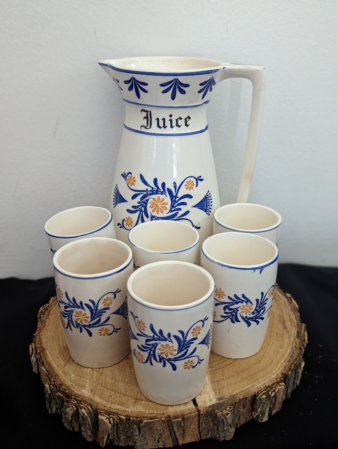 Vintage Ceramic Blue and White Pennsylvania Dutch Design Juice Pitcher ...