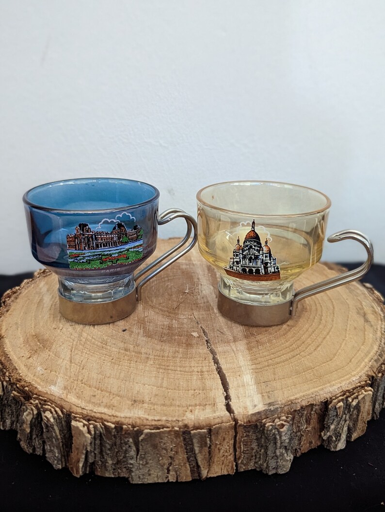 Vintage Stained Glass Tea Latte Coffee Cups Paris Icons Metal Handled ...