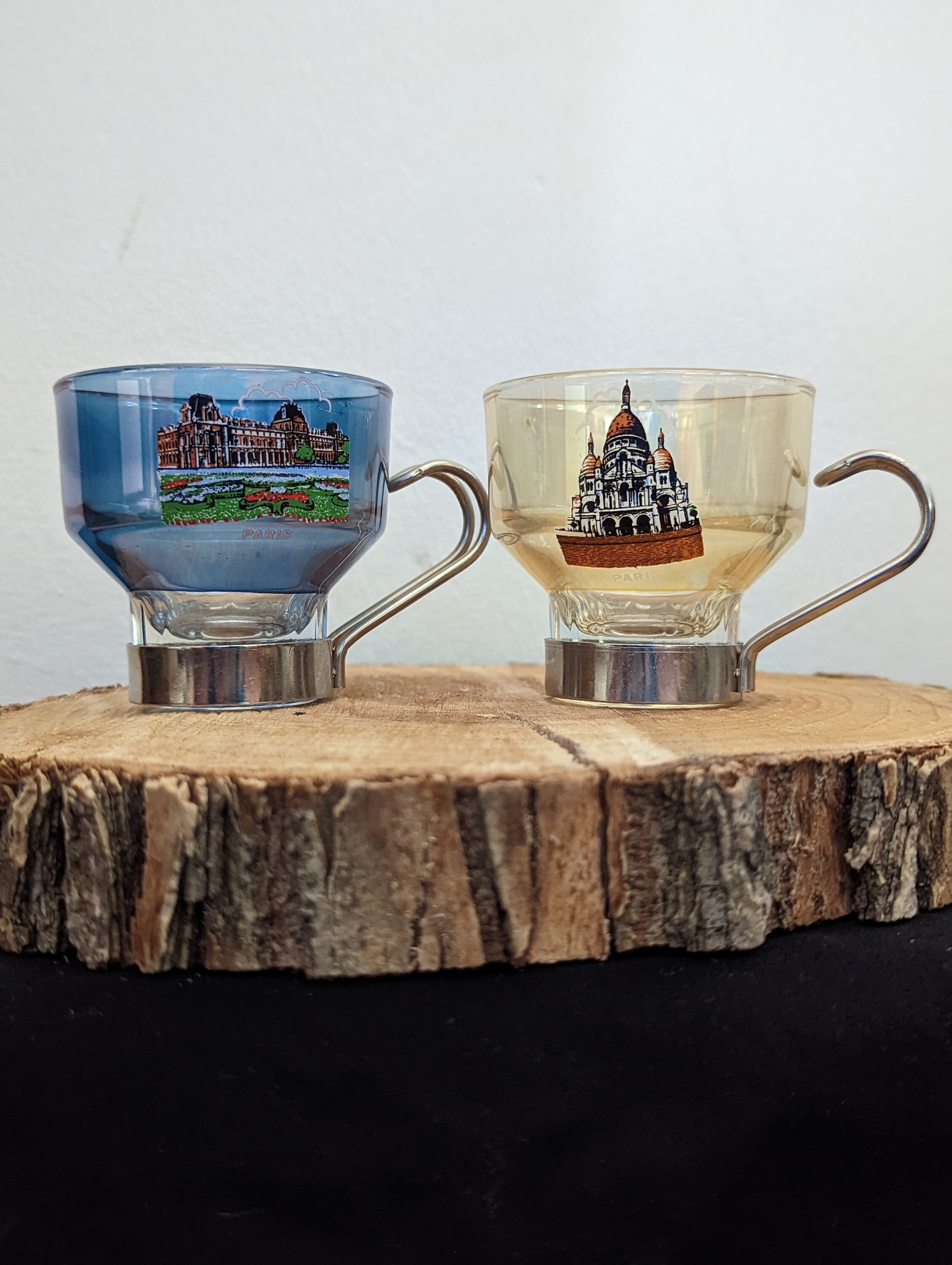 Vintage Stained Glass Tea Latte Coffee Cups Paris Icons Metal Handled ...