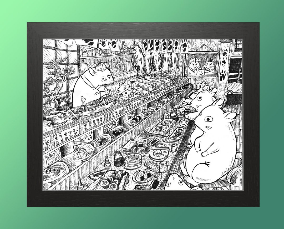 Rats Love Sushi - Ink Illustration Art Print/original Wall Art/office ...